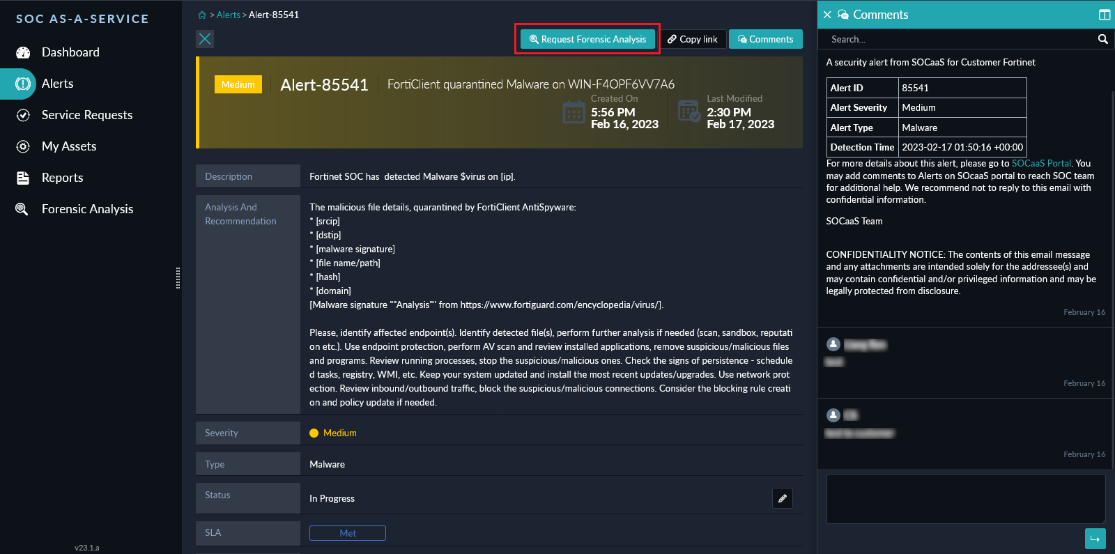 Request forensic analysis | SOCaaS 23.4.0 | Fortinet Document Library